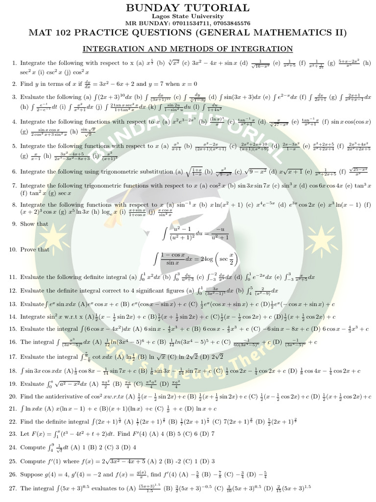 Bunday Tutorial Mat102 Integration Practice Questns | PDF ...