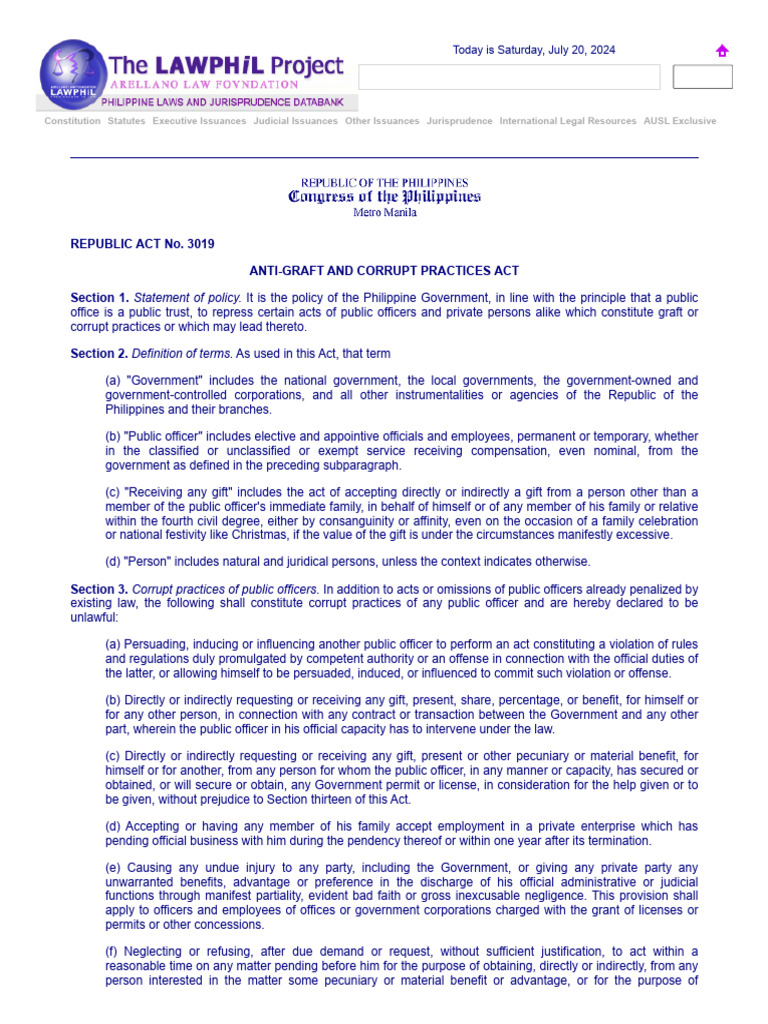 R.A. 3019 Anti Graft and Corruption Practices Act | PDF | Fine (Penalty) | Statute Of Limitations