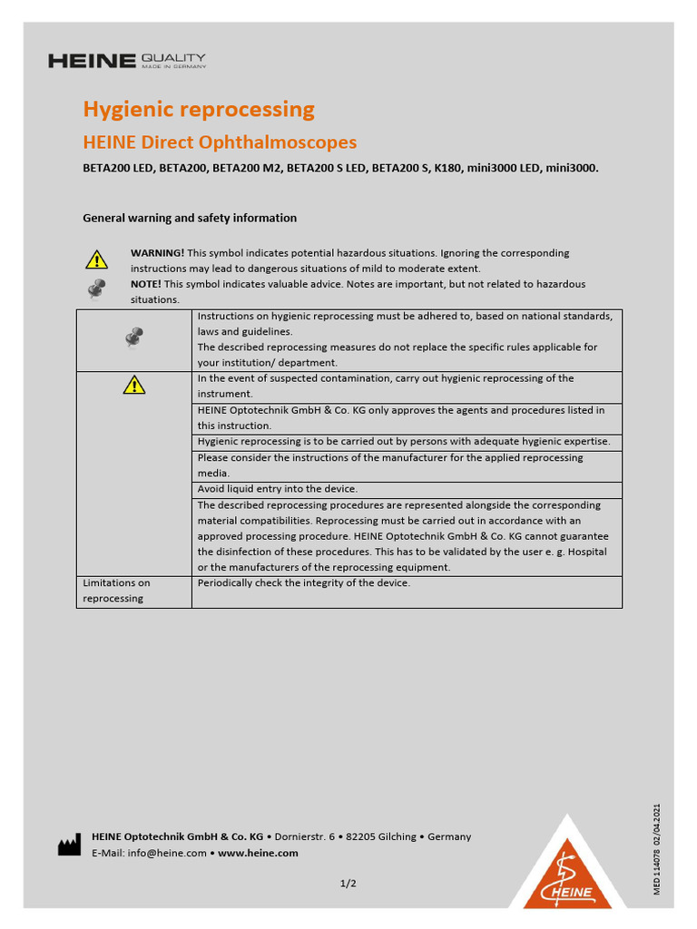 HEINE - Direct Ophthalmoscpes - Reprocess - MED114078 - Rev02 - EN | PDF | Disinfectant | Safety