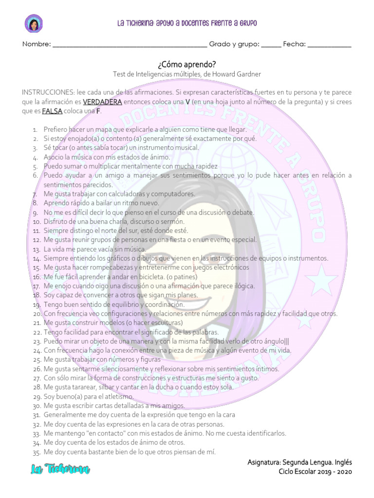 MDA Test de Inteligencias Múltiples Con Hoja de Respuesta - La ...