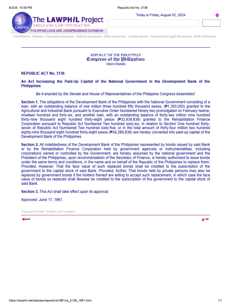 An Act Increasing The Paid-Up Capital of The National Government in The ...