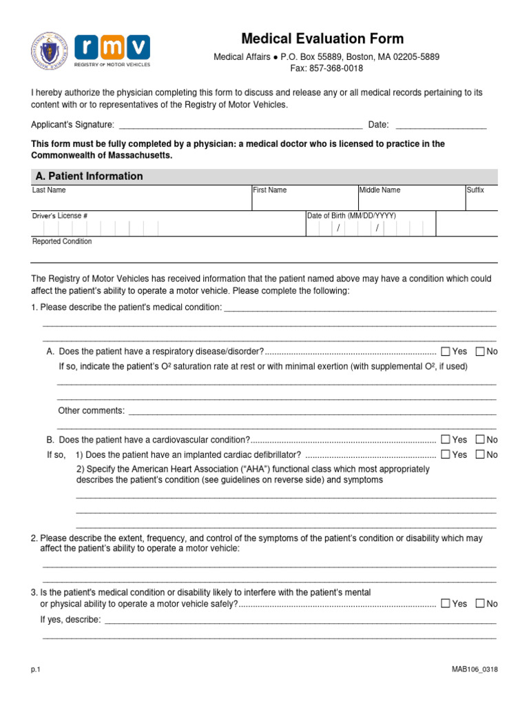RMV Medical Evaluation Form MAB-106 | PDF | Health Care | Human ...