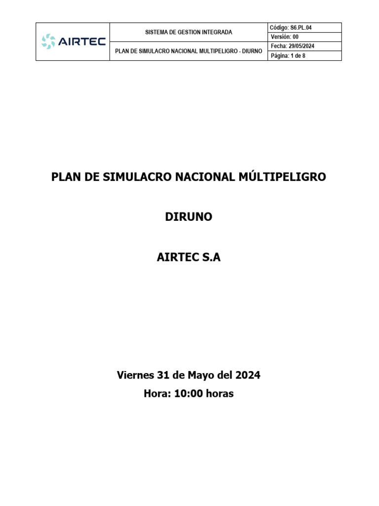 Plan de Simulacro Nacional Multipeligro - Diurno - AIRTEC S.A. 2024 | PDF | Simulación ...