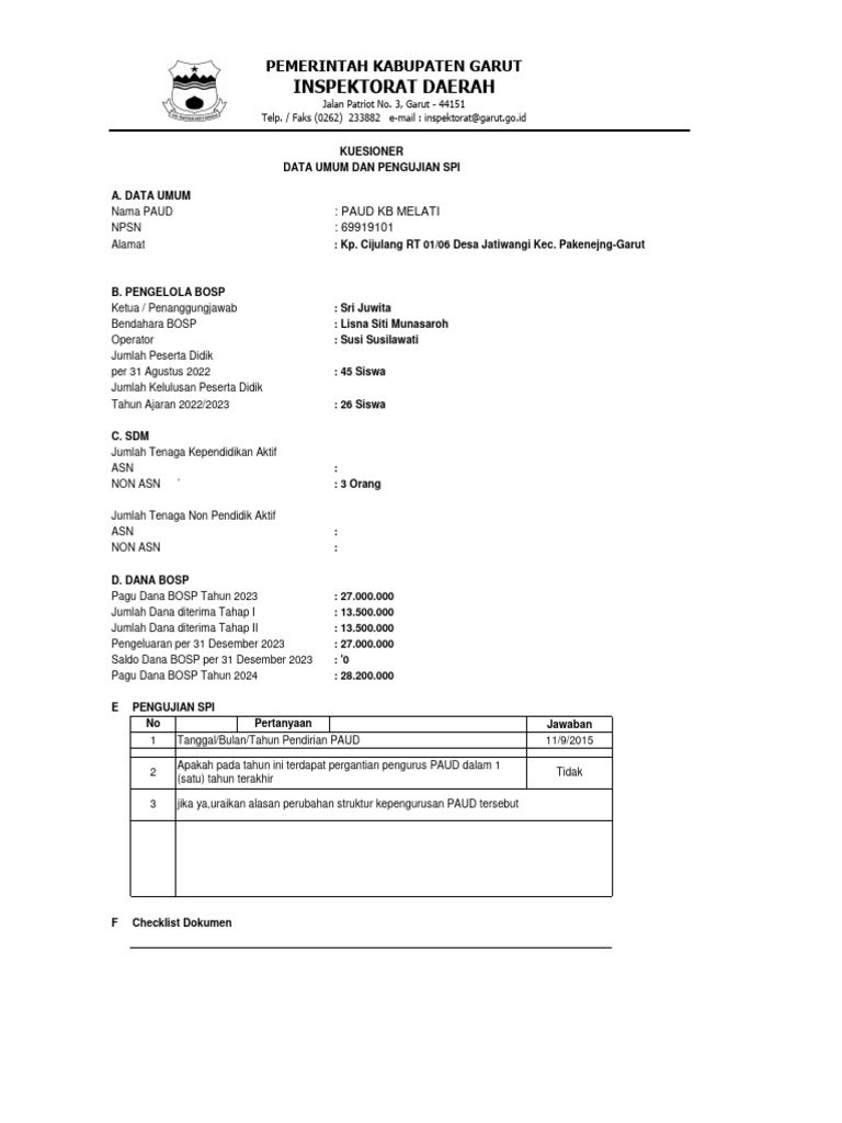 KB Melati, Kuesioner Evaluasi Bosp Paud | PDF | Pengelolaan Keuangan & Uang