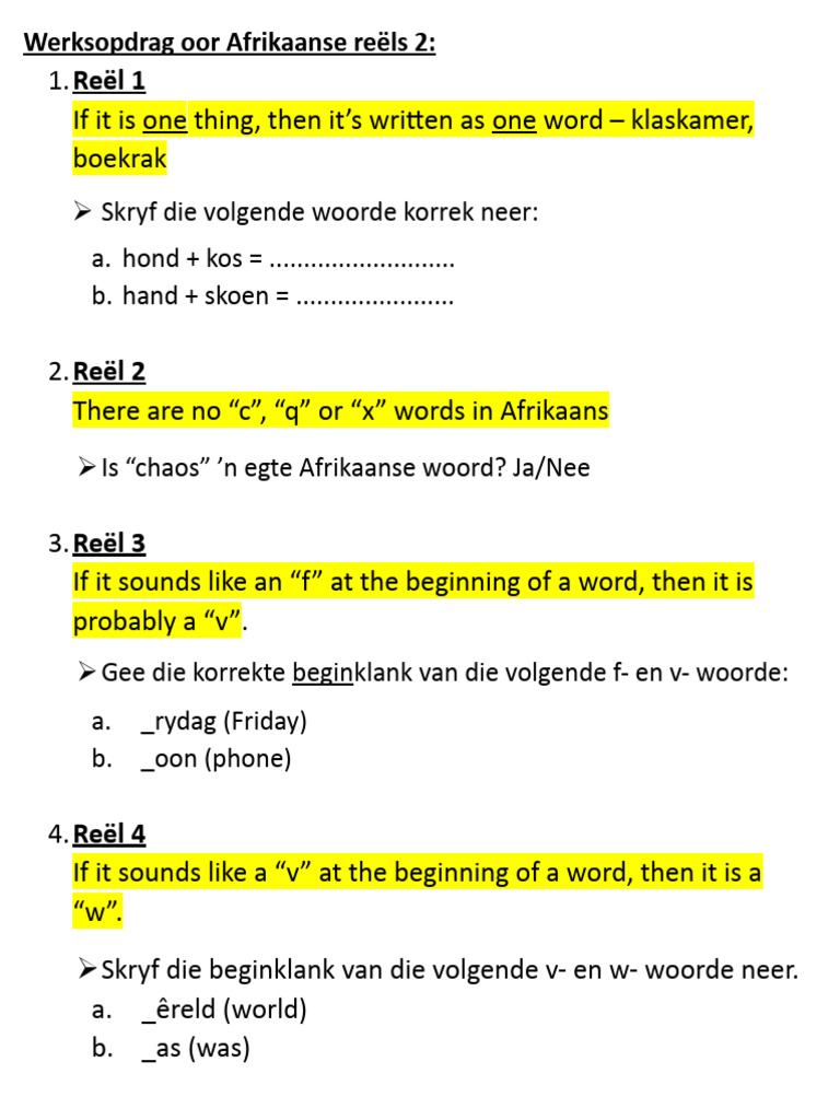 Werksopdrag Oor Afrikaanse Reëls 2 | PDF