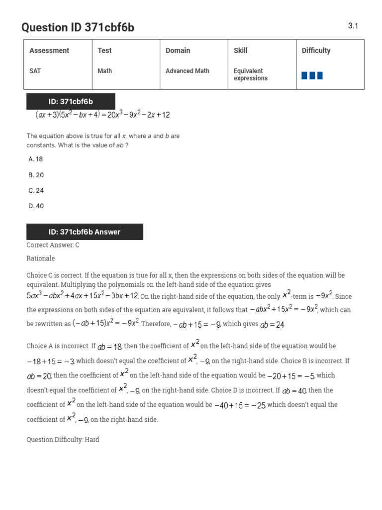 Equivalent Expressions (Level 3) Answer Key | PDF | Equations | Sat