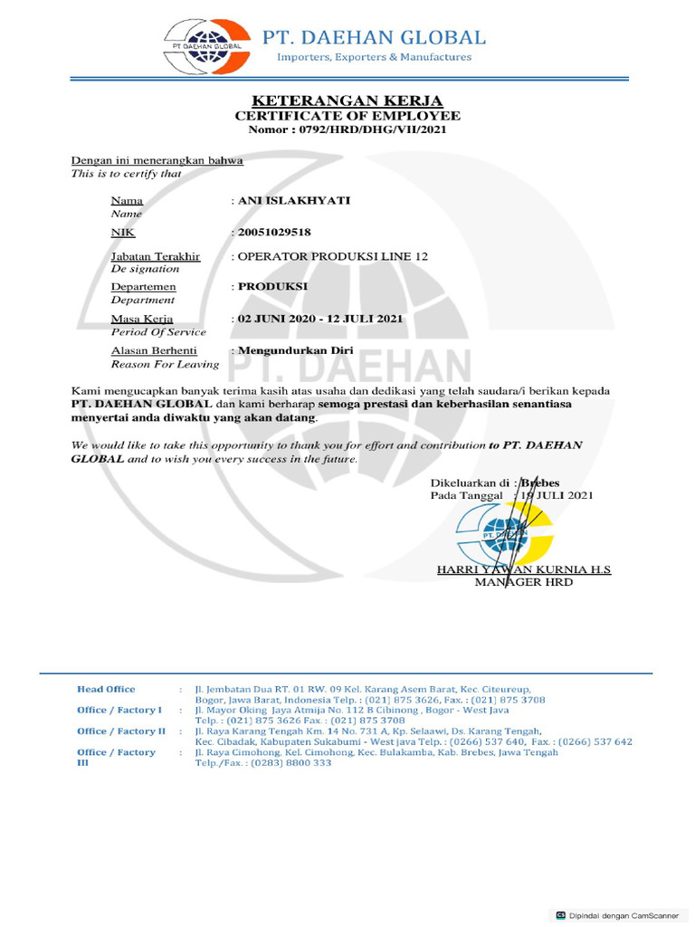 Rev Paklaring Daehan Global | PDF