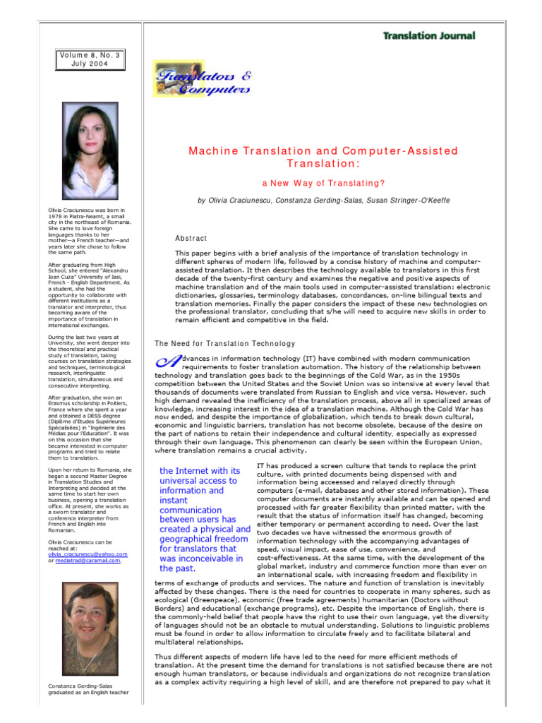 Machine Translation and Computer-Assisted Translation A New Way of Translating | PDF ...