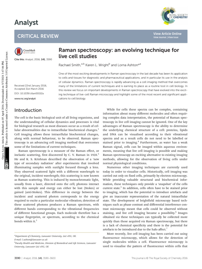 Raman Spectroscopy an Evolving Technique for Live Cell Studies 2016 ...