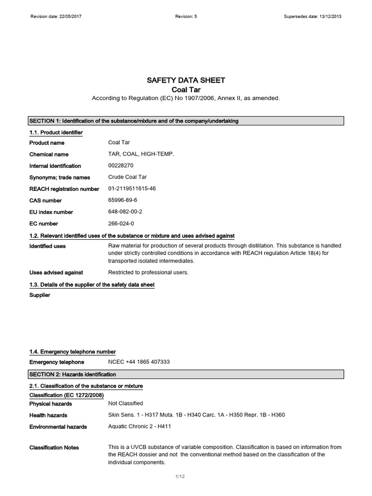 Coal Tar Safety Data Sheet Summary | PDF | Dangerous Goods | Toxicity