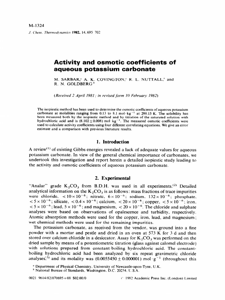 1982 - Activity and Osmotic Coefficients of Aqueous Potassium Carbonate ...