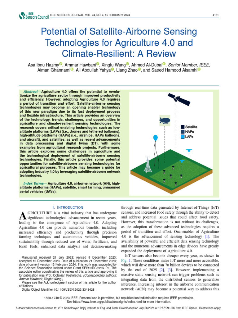 Potential Of Satellite Airborne Sensing Technologies For Agriculture 4 0 And Climate Resilient A