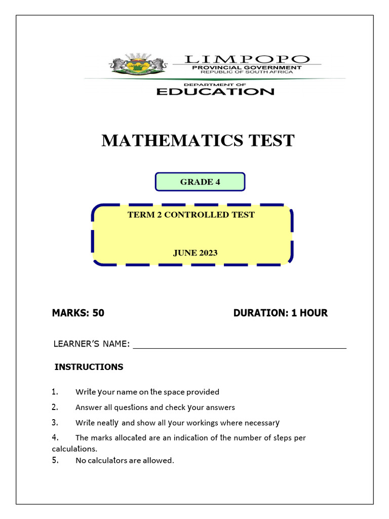 Mathematics Grade 4 Controlled Test Term 2 2023 | PDF | Arithmetic ...