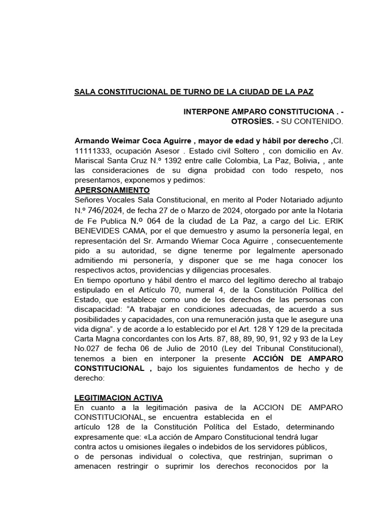 Memorial Accion de Amparo Constitucional | PDF | Derecho laboral | Invalidez