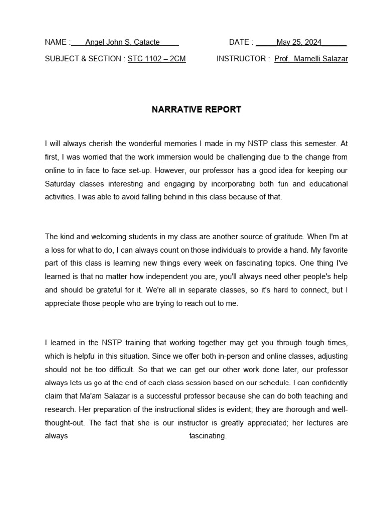 Narrative Report CWTS 2 Catacte | PDF | Cognitive Science | Learning