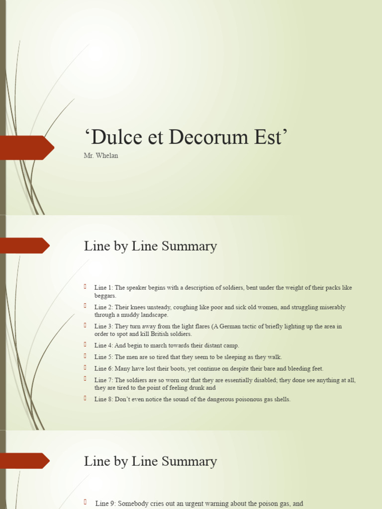 Dulce Et Decorum Est Line by Line Summary Key Quotes Diarmuid Whelan | PDF