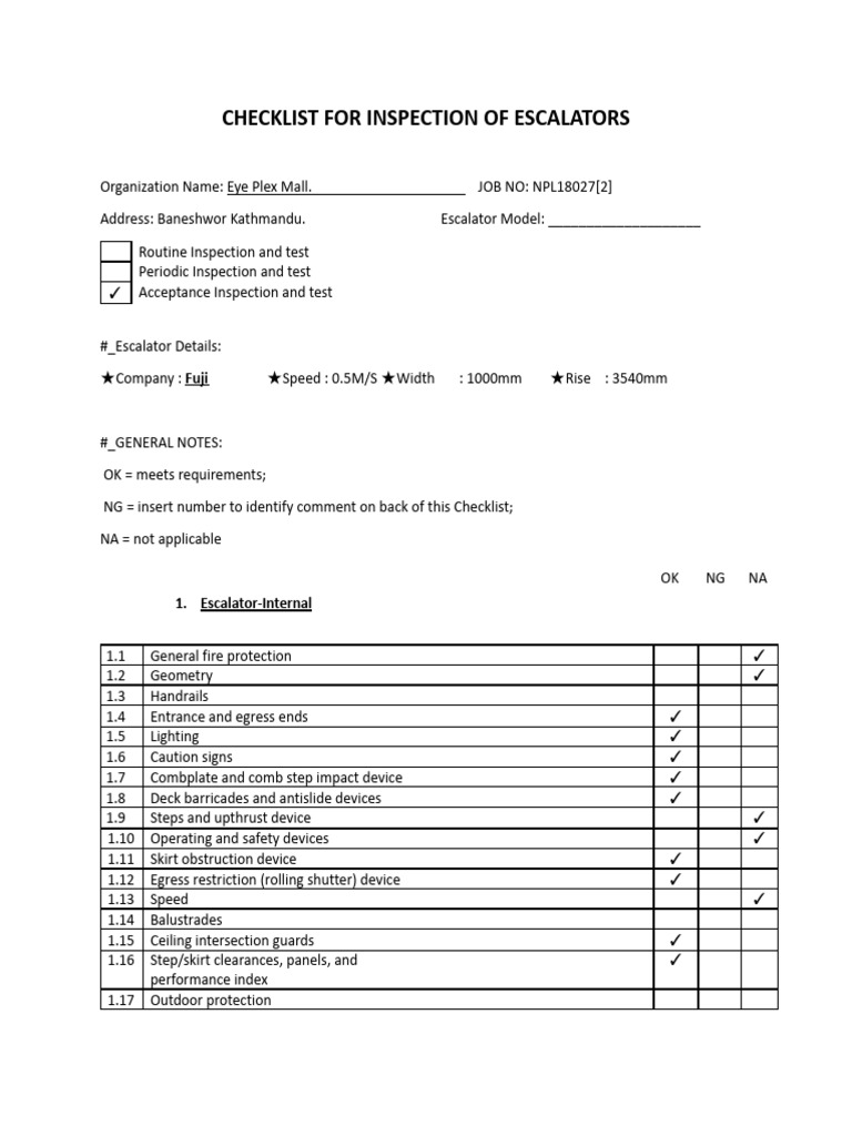 Escalator Checklist | PDF | Escalator | Manufactured Goods