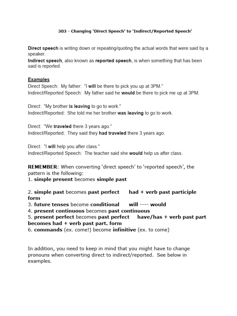 303 - Direct Speech vs. Indirect (Reported) Speech | PDF | Semantic ...