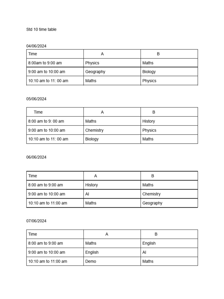 STD 10 Timetable 24 | PDF