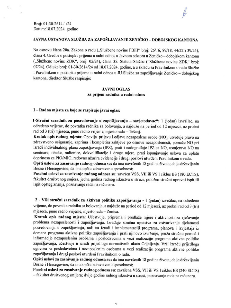 Oglas Za Prijem Radnika U Radni Odnos-2 Pozicije-Sluzba Za ...