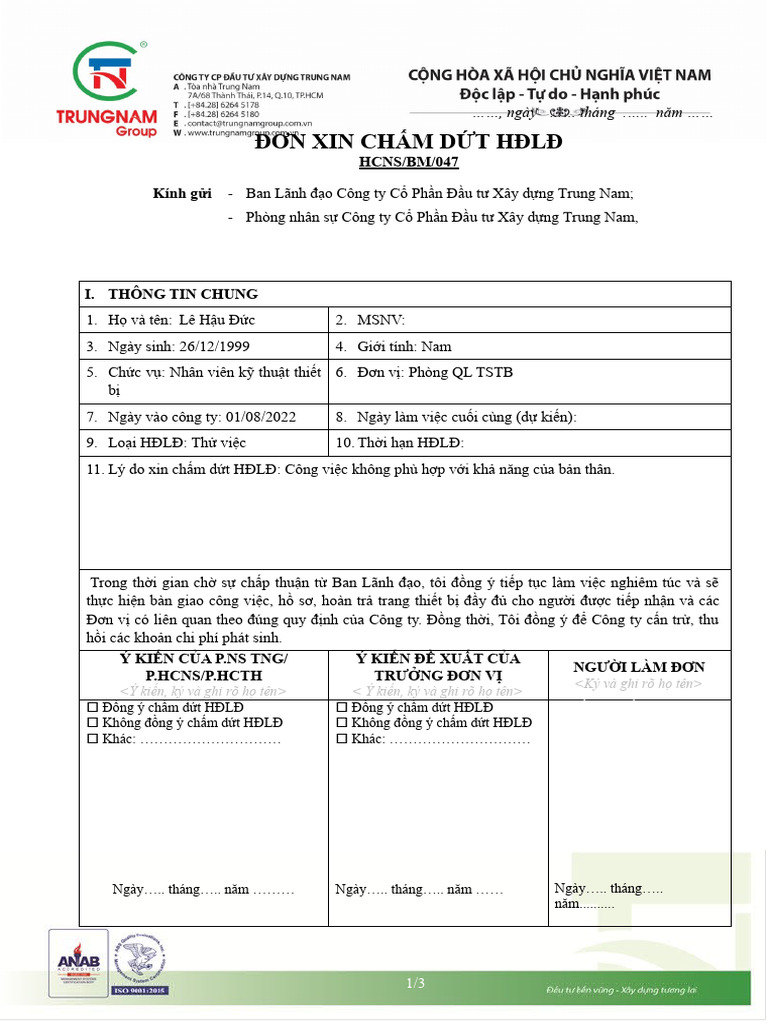 HCNS - BM.047. Don Xin Cham Dut HDLD | PDF