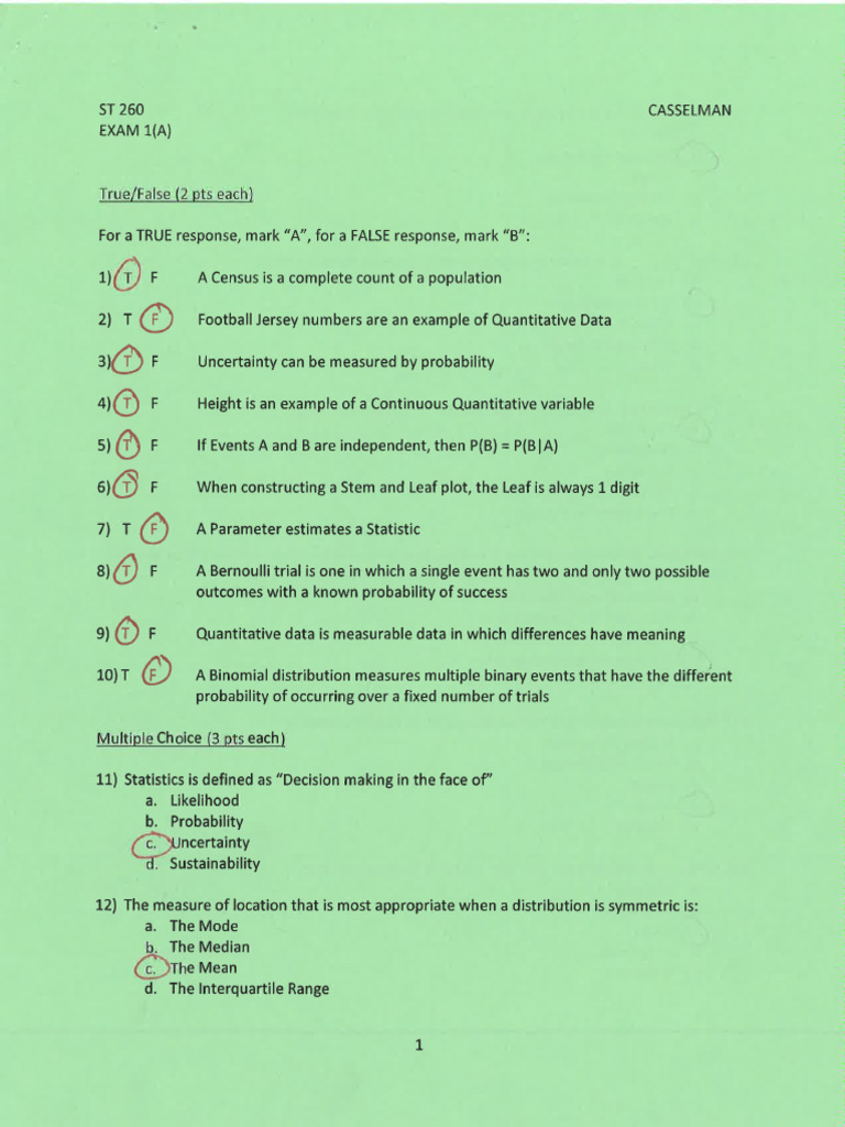 ST 260 Exam 1 (A) Solutions - Spring 2017 | PDF