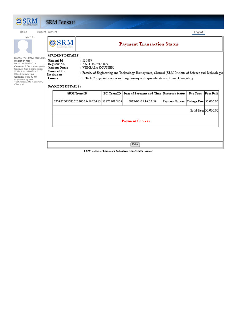 SRM Institute of Science and Technology__SRM Feekart4 | PDF