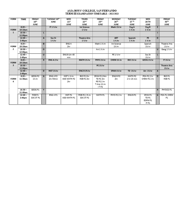 Term 3 Exam Time Table | PDF