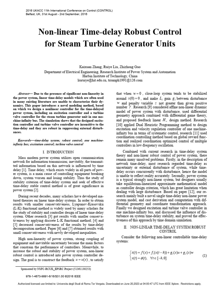 Non-Linear Time-Delay Robust Control For Steam Turbine Generator Units | PDF | Control Theory ...