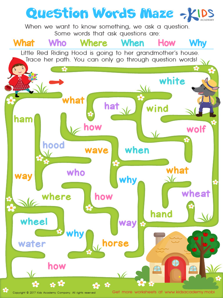 Kindergarten Question Words Maze Worksheet | PDF