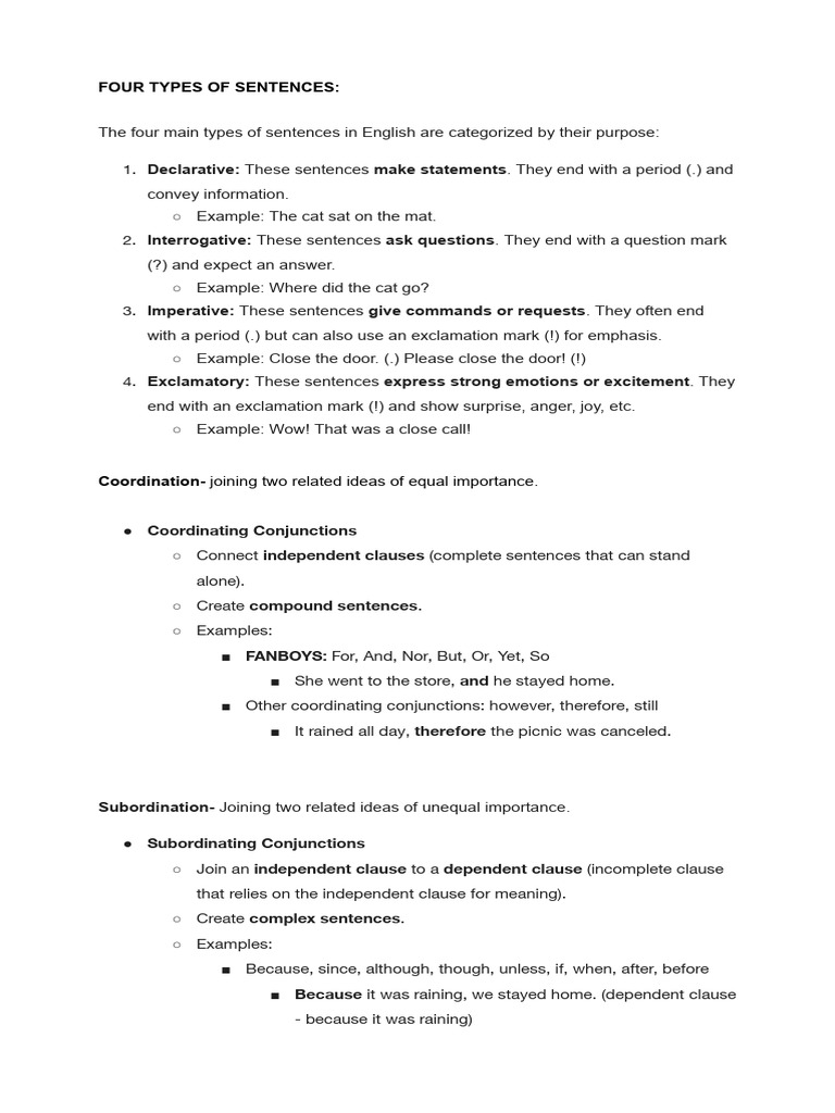 Four Types of Sentences:: Coordinating Conjunctions | PDF | Sentence (Linguistics) | Comma