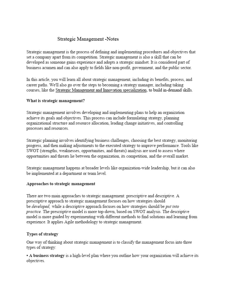 Strategic Management Notes | PDF | Strategic Management | Swot Analysis