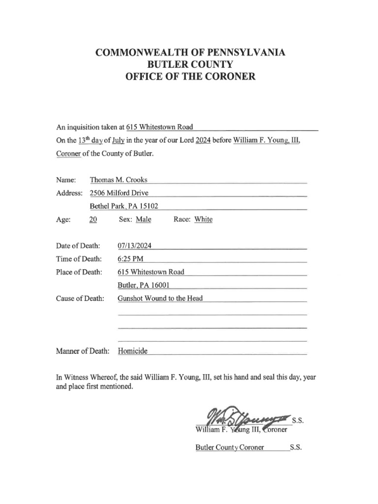Thomas M. Crooks Coroner Report | PDF