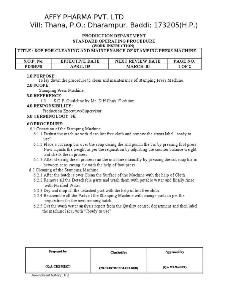 SOP For Soap Stamping Press Machine | PDF