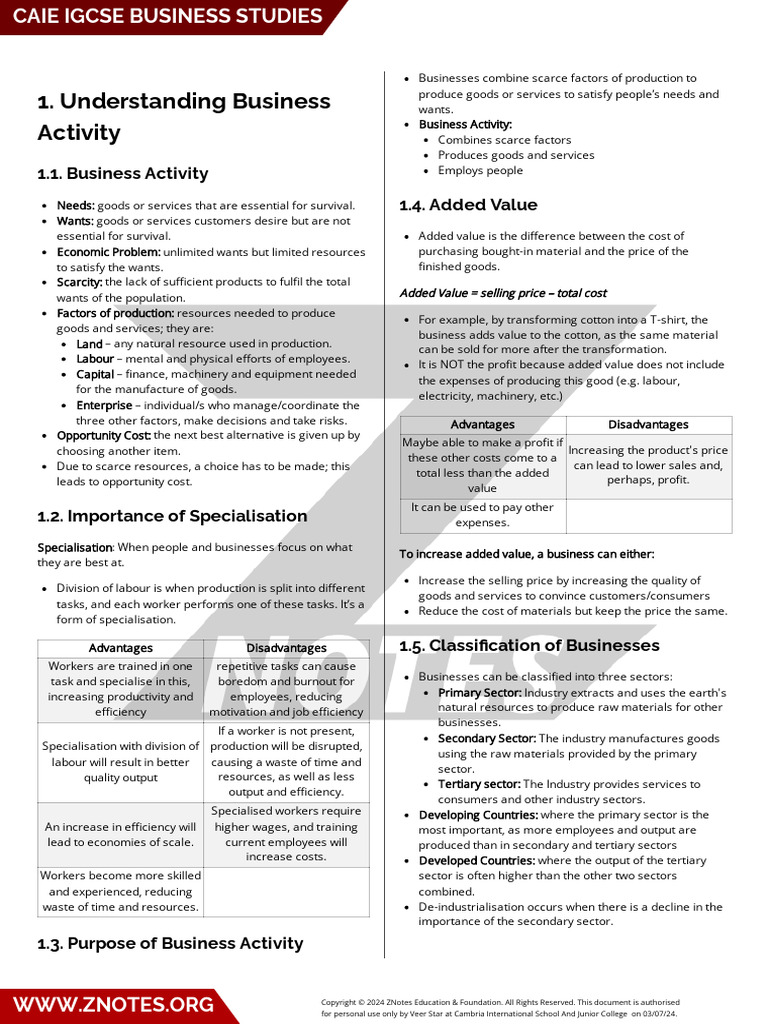 Section 1 Caie Igcse Business Studies 0450 Theory ...