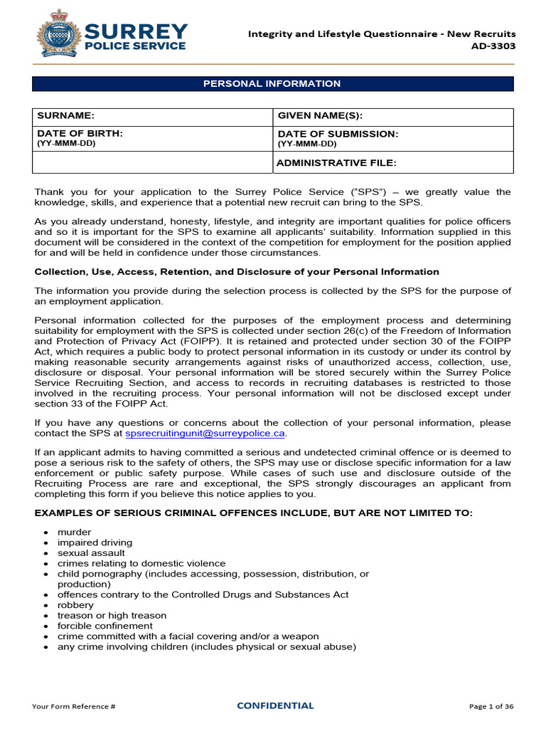 AD-3303 Integrity and Lifestyle Questionnaire - New Recruits | PDF ...