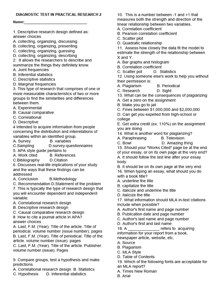 Practical Research 2 Diagnostic | PDF | Citation | Statistics