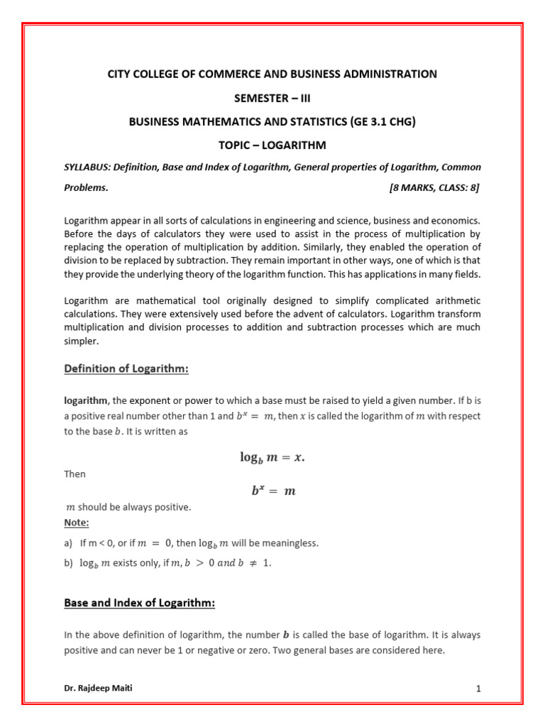 Class Bnotes Chapter Logarithm Pdf Logarithm Exponentiation