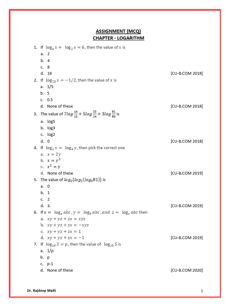Assignment - Chapter - Logarithm | PDF | Logarithm | Number Theory