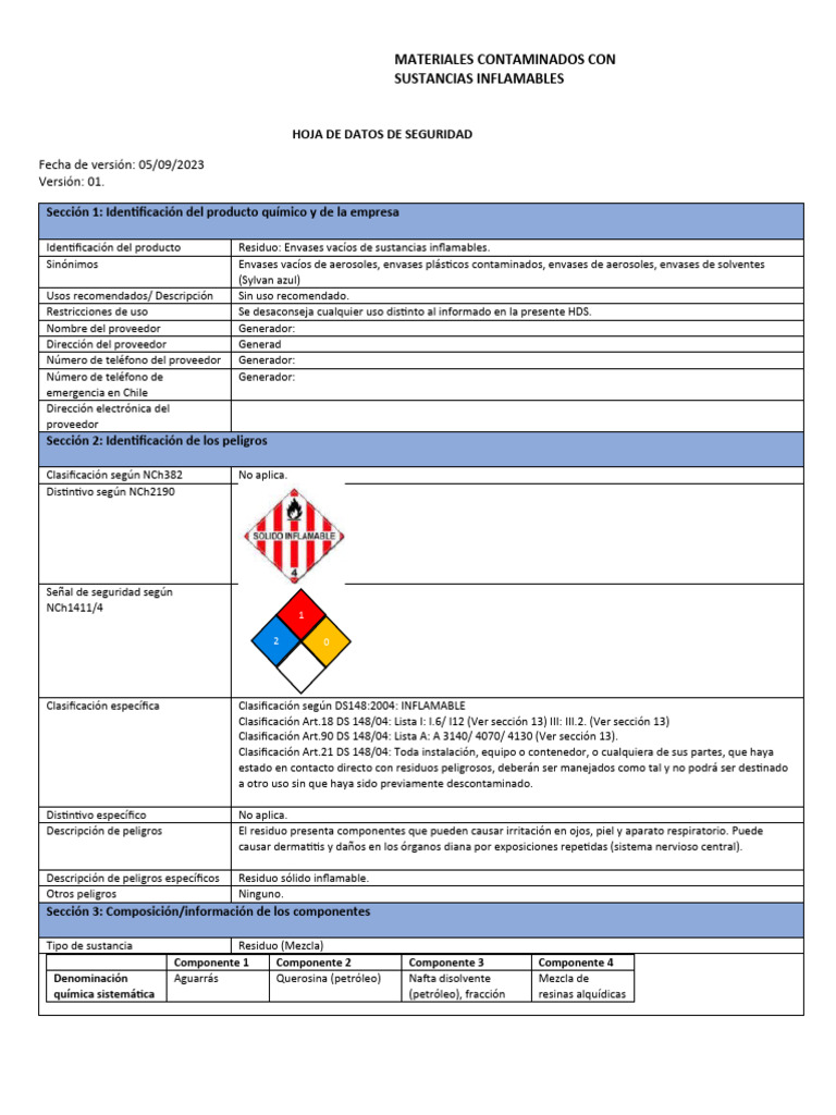 HDS Envases Vacios Con Sust Inflamables | PDF | Residuos | Agua