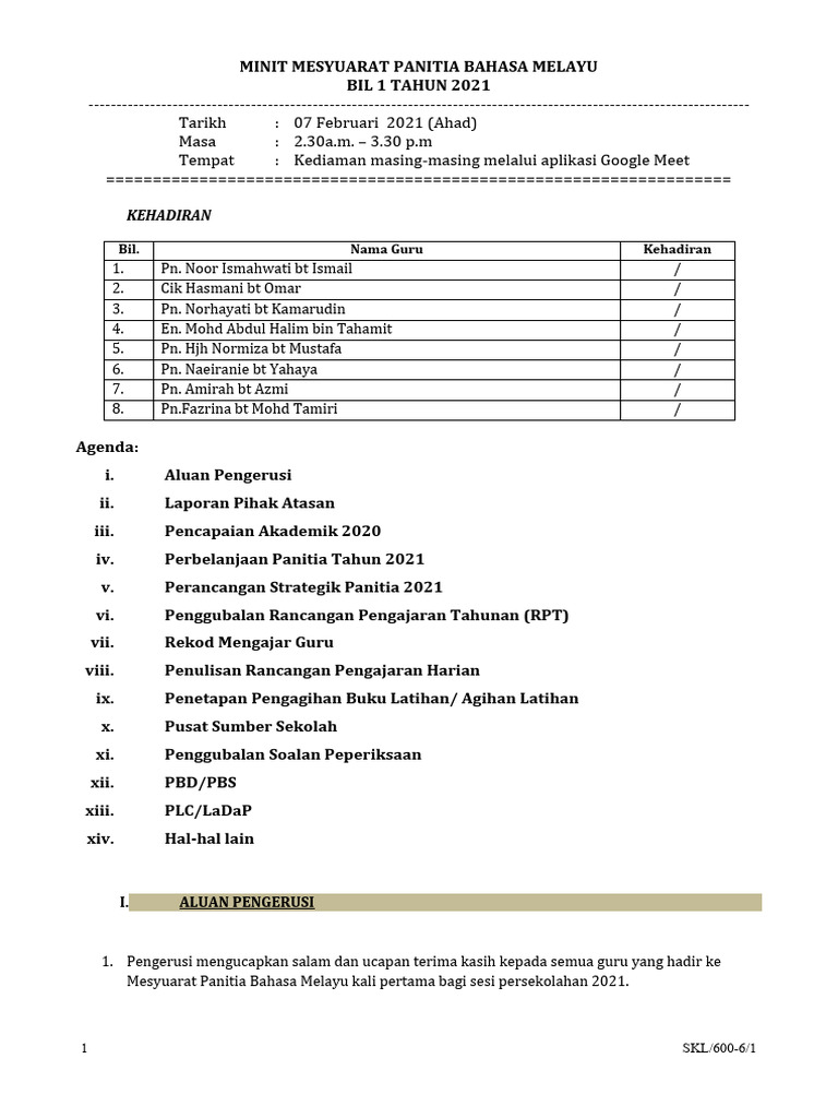 Minit Mesyuarat Panitia BM 2021 | PDF