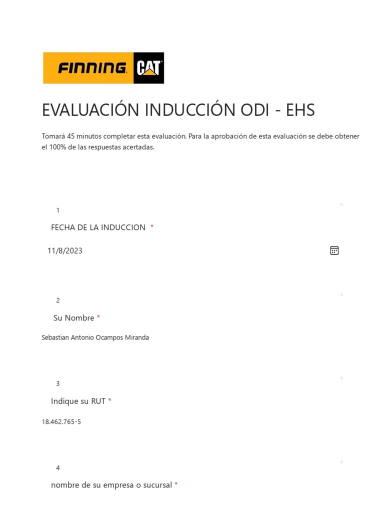 Evaluación Inducción Odi - Ehs | PDF | Seguridad y salud ocupacional