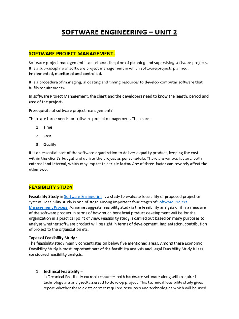 SOFTWARE ENGINEERING Unit 2 | PDF | Feasibility Study | Risk