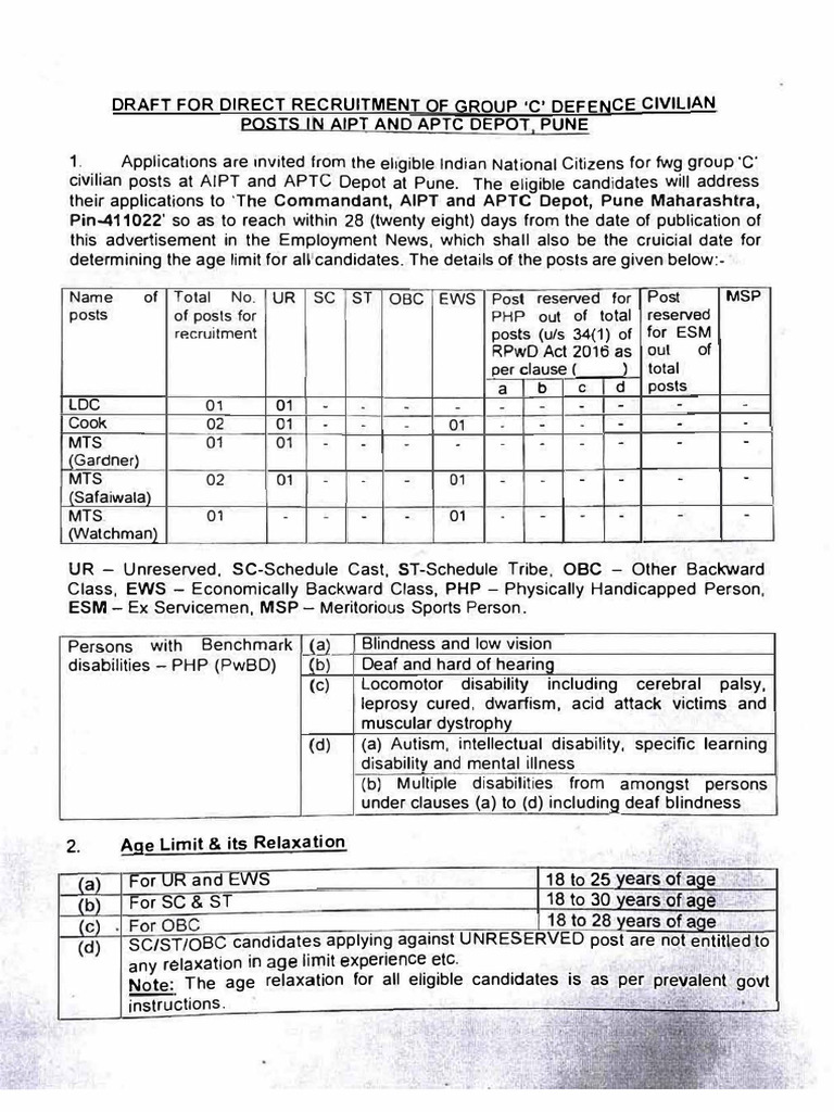 Pune AIPT APTC Depot Group C Recruitment 2024 Notification | PDF | Disability