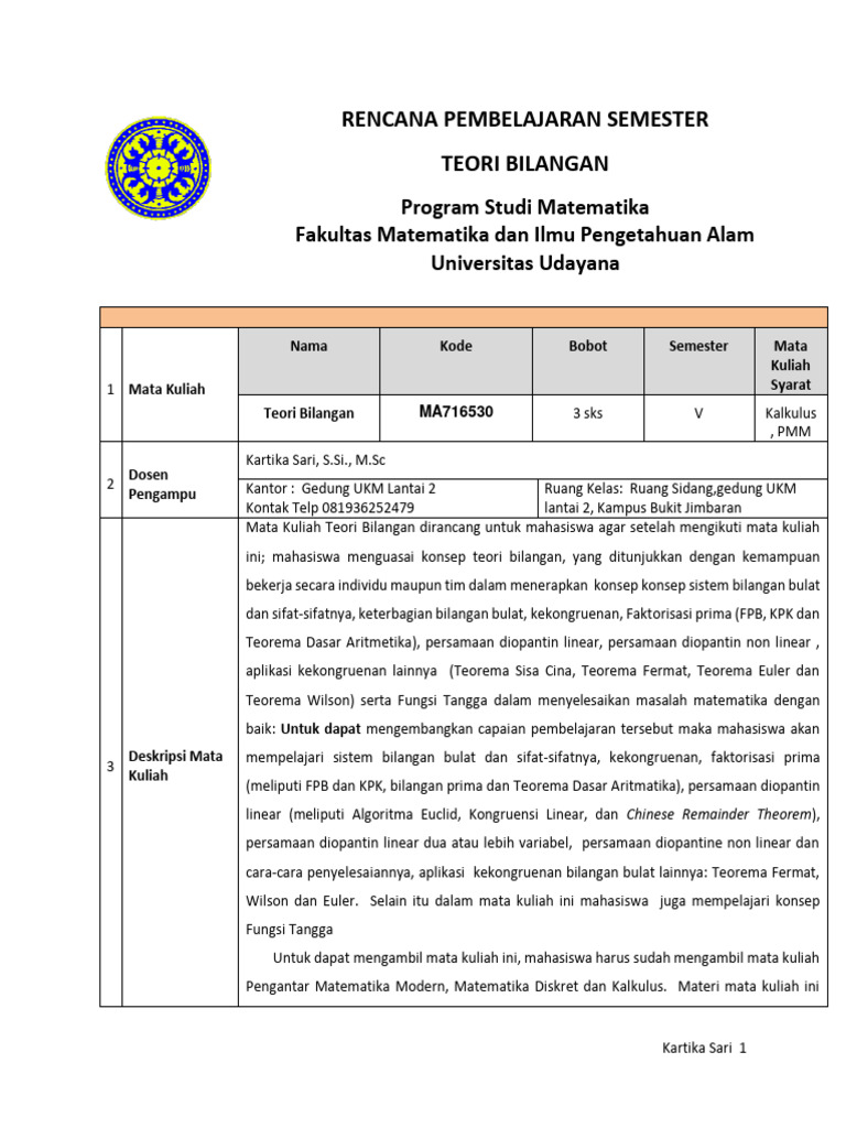 Rps Teori Bilangan | PDF | Metode & Bahan Ajar