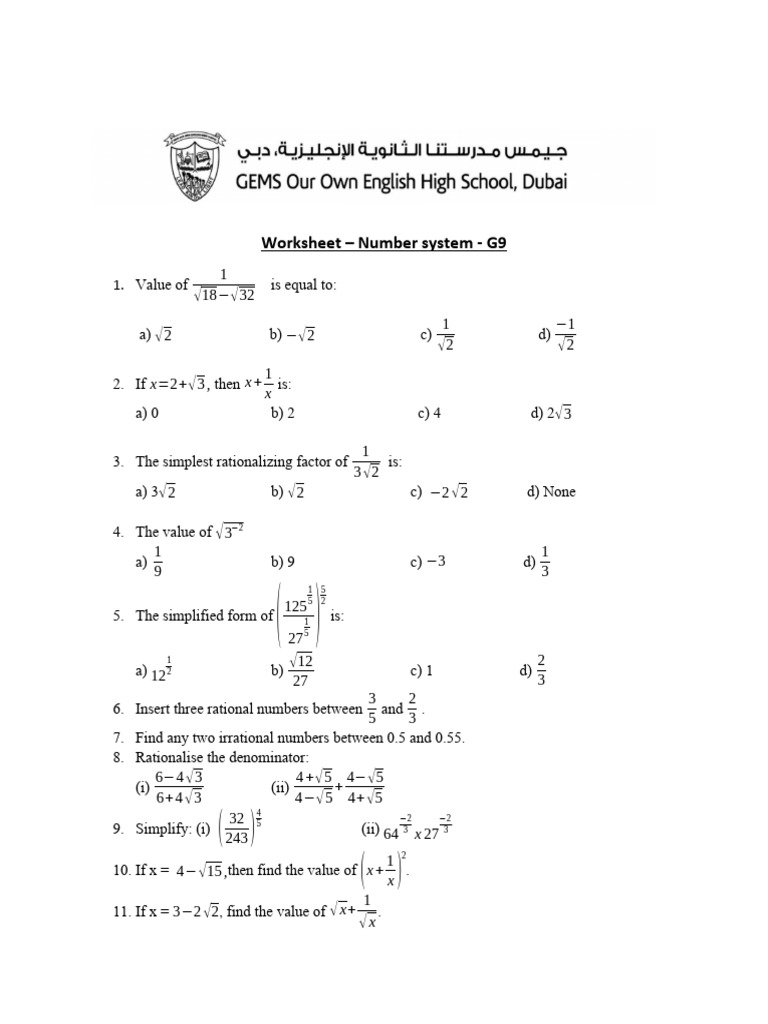 Class 9 Number System Worksheet | PDF | Numbers | Rational Number