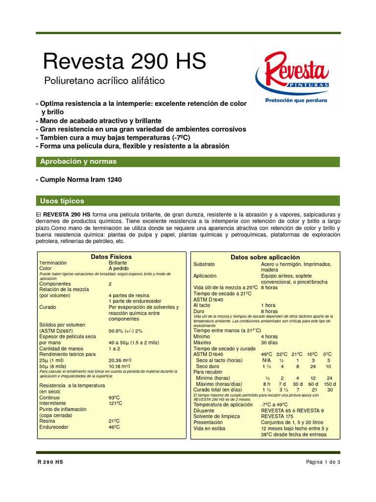 Revesta 290 HS: Poliuretano Acrílico Alifático | PDF | Petróleo | Sector secundario de la economía