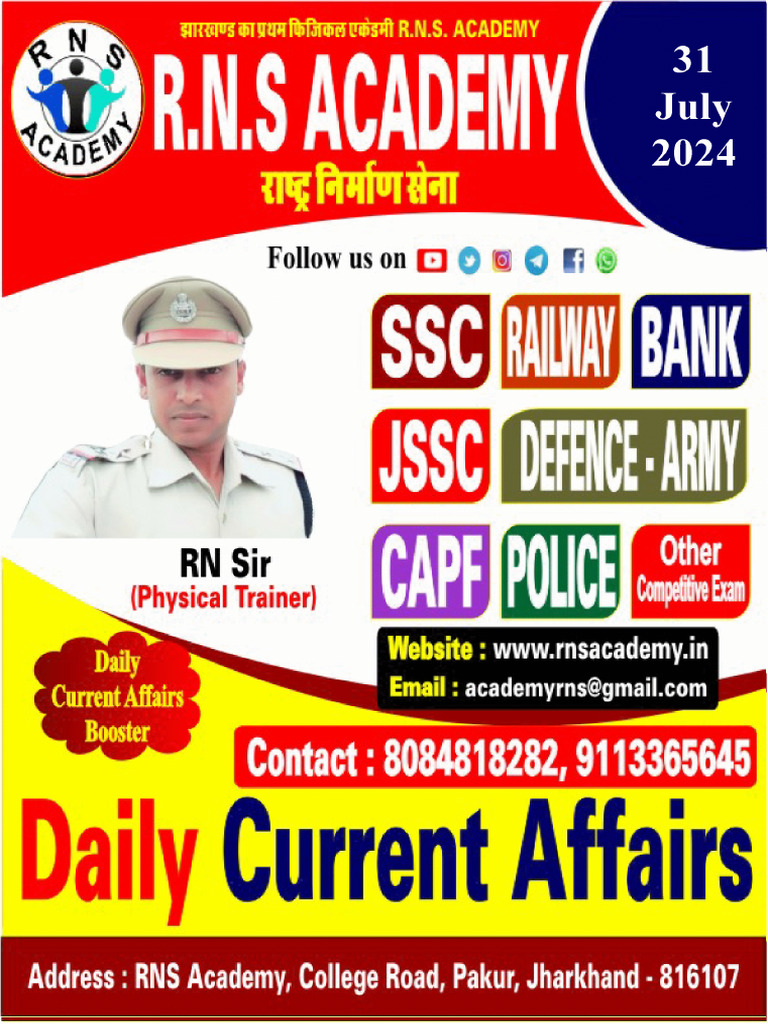 31 July 2024 Current Affairs RNS | PDF