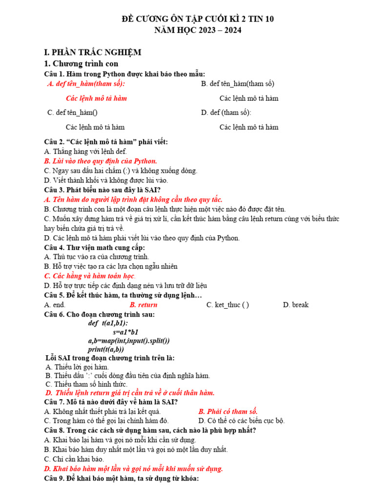 ĐỀ CƯƠNG HS - K10 | PDF