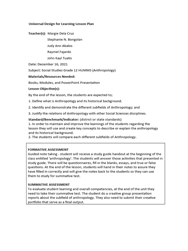 Universal Design For Learning Lesson Plan | PDF | Anthropology ...